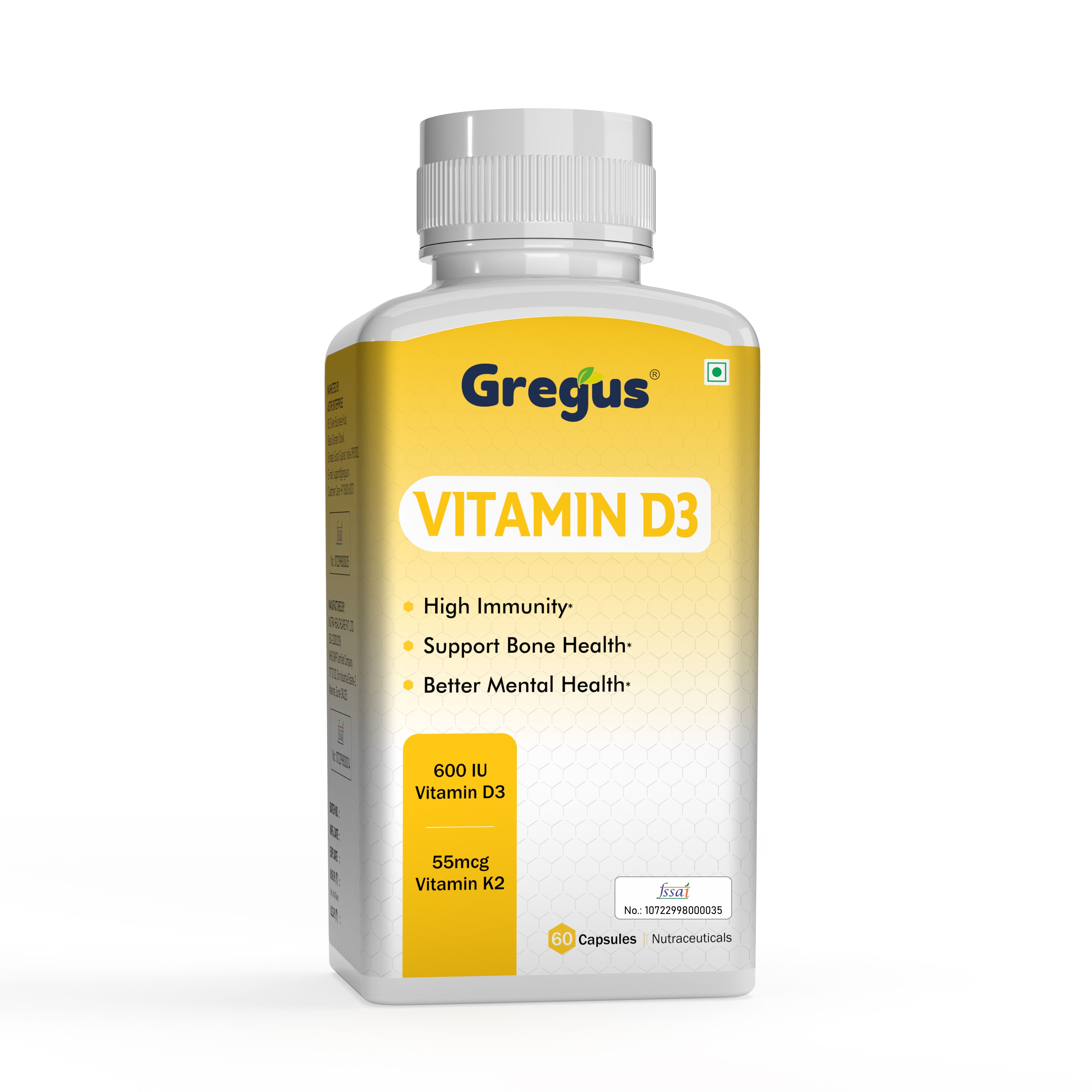 Gregus Vitamin D3 (600IU) + K2 (55 mcg) - Boosts Bone & Heart Health.